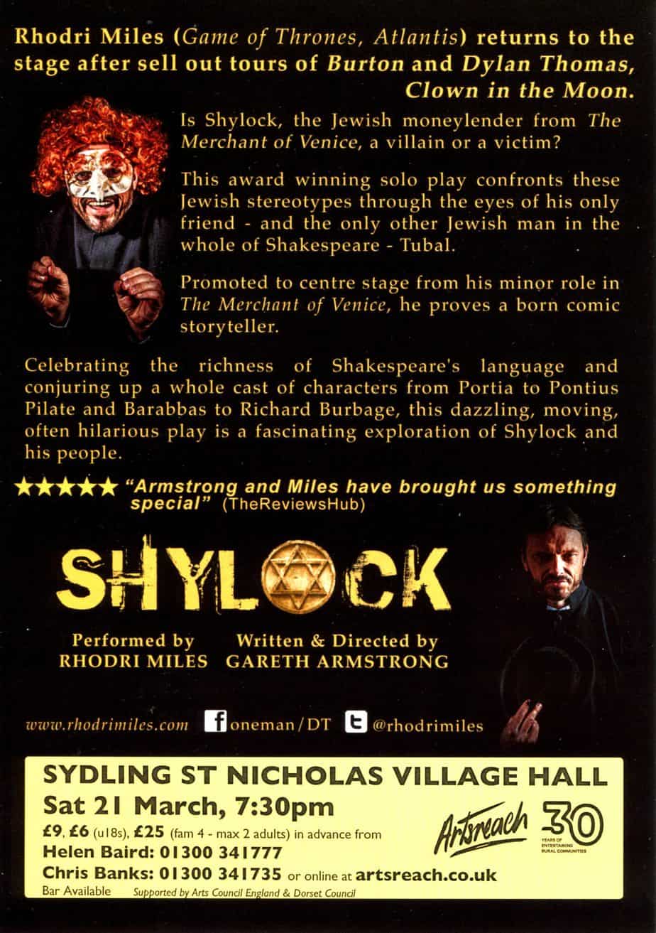 21st March – Shylock (Rhodri Miles) at the Village Hall (sadly ...